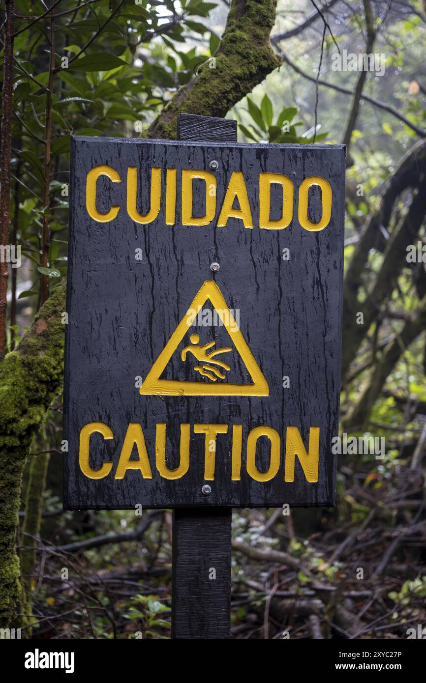 Warning sign Cuidado Caution, Attention danger of slipping, in the ...