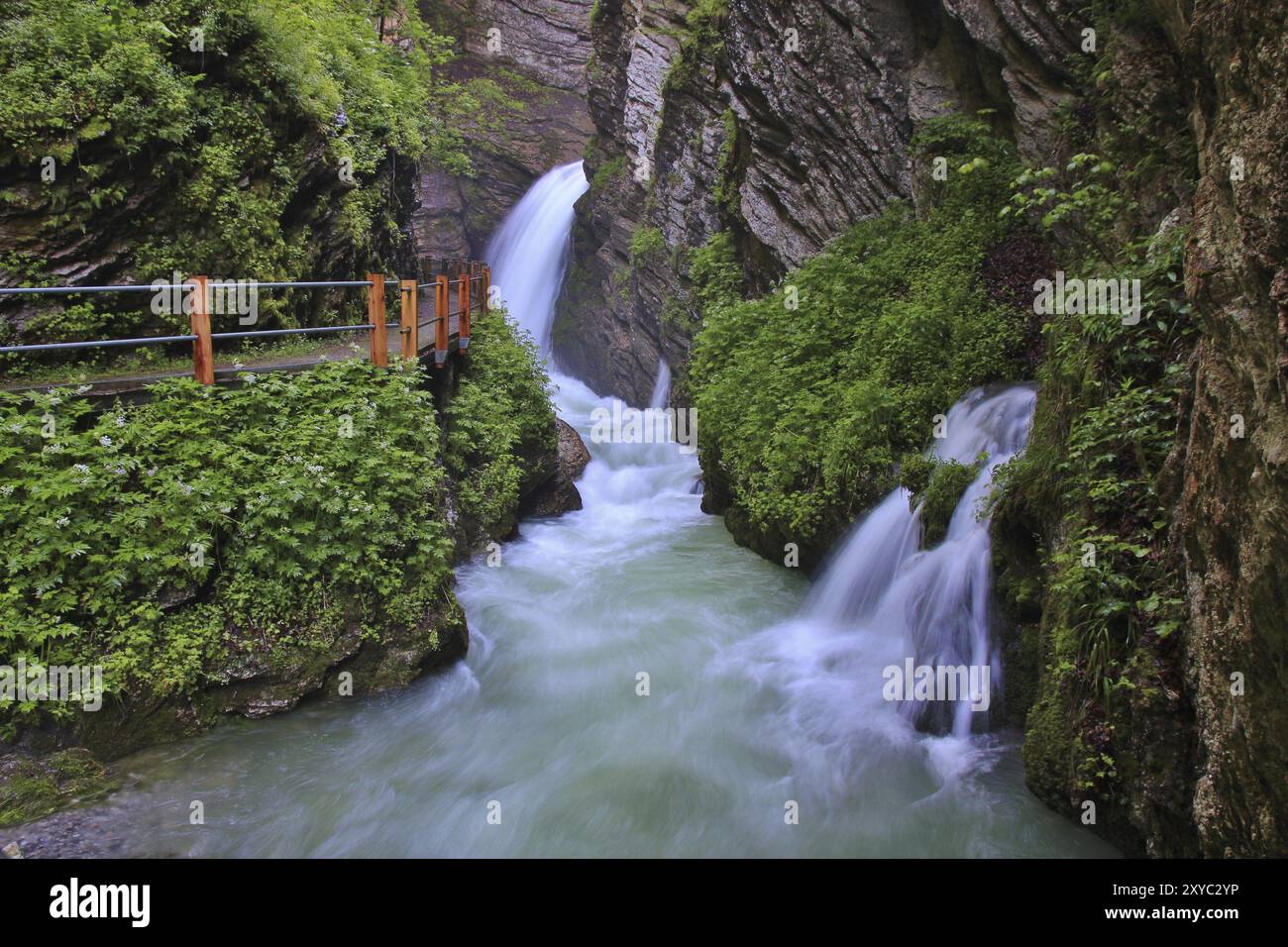 Waterfalls in Unterwasser, Toggenburg valley. Spring scene in the Swiss ...