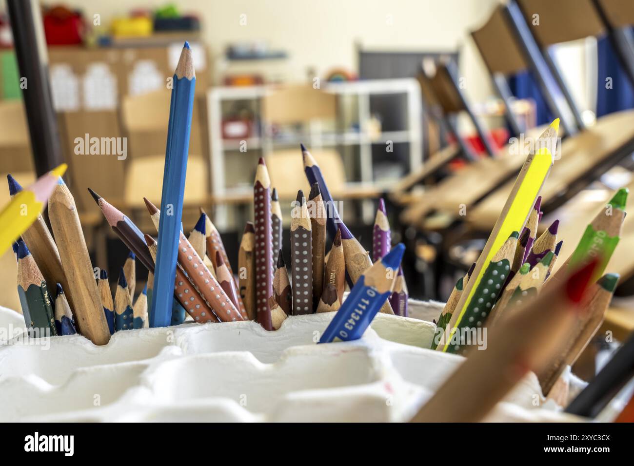 Classroom of a fourth grade, after school, the building is older but in ...