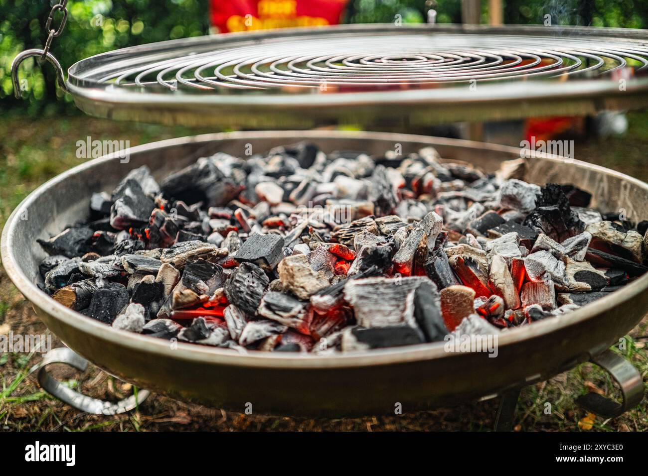 Grill Fireplace with Burning Red Coal in a Metal Bowl Ready to Grill ...