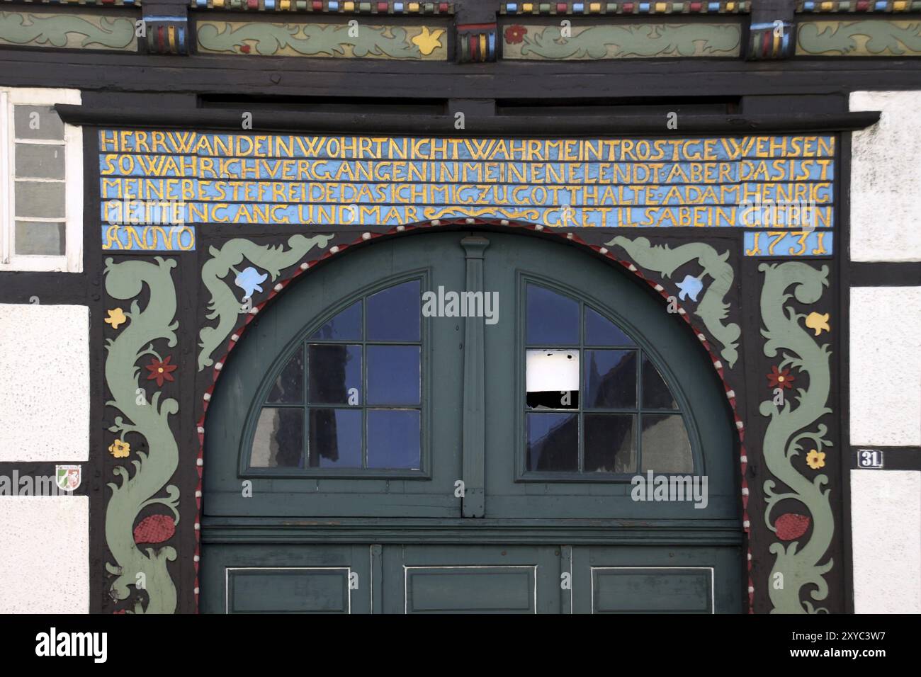 Gate inscription half-timbered house in Horn Stock Photo - Alamy