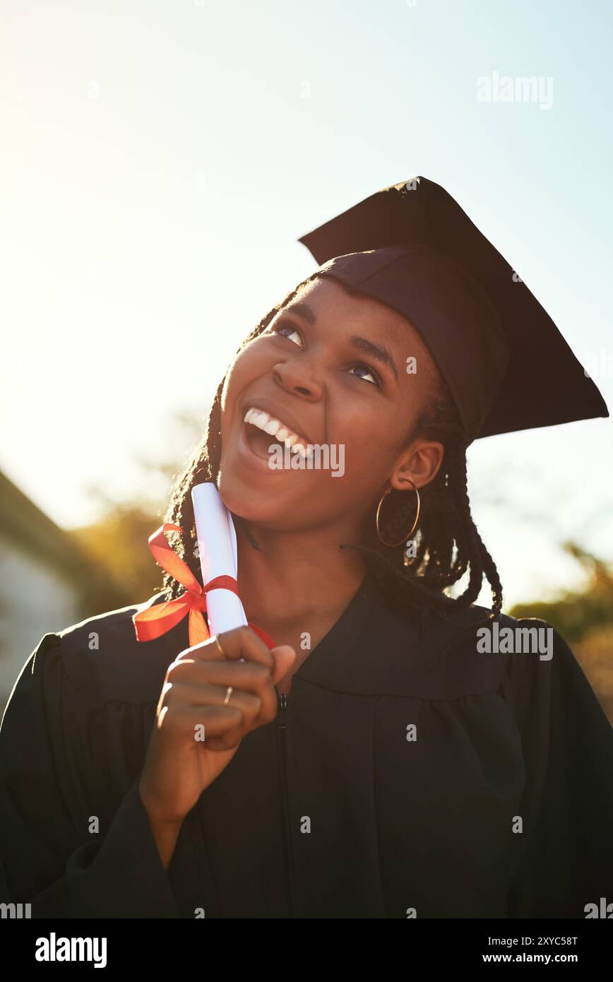 Graduate, happy and certificate for graduation, celebration and career ...