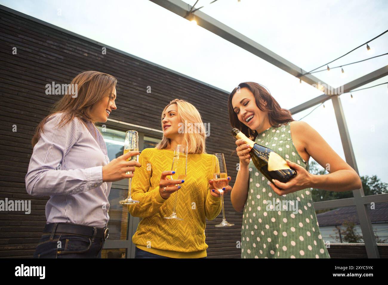 Group of partying girls with flutes with sparkling wine having fun on ...