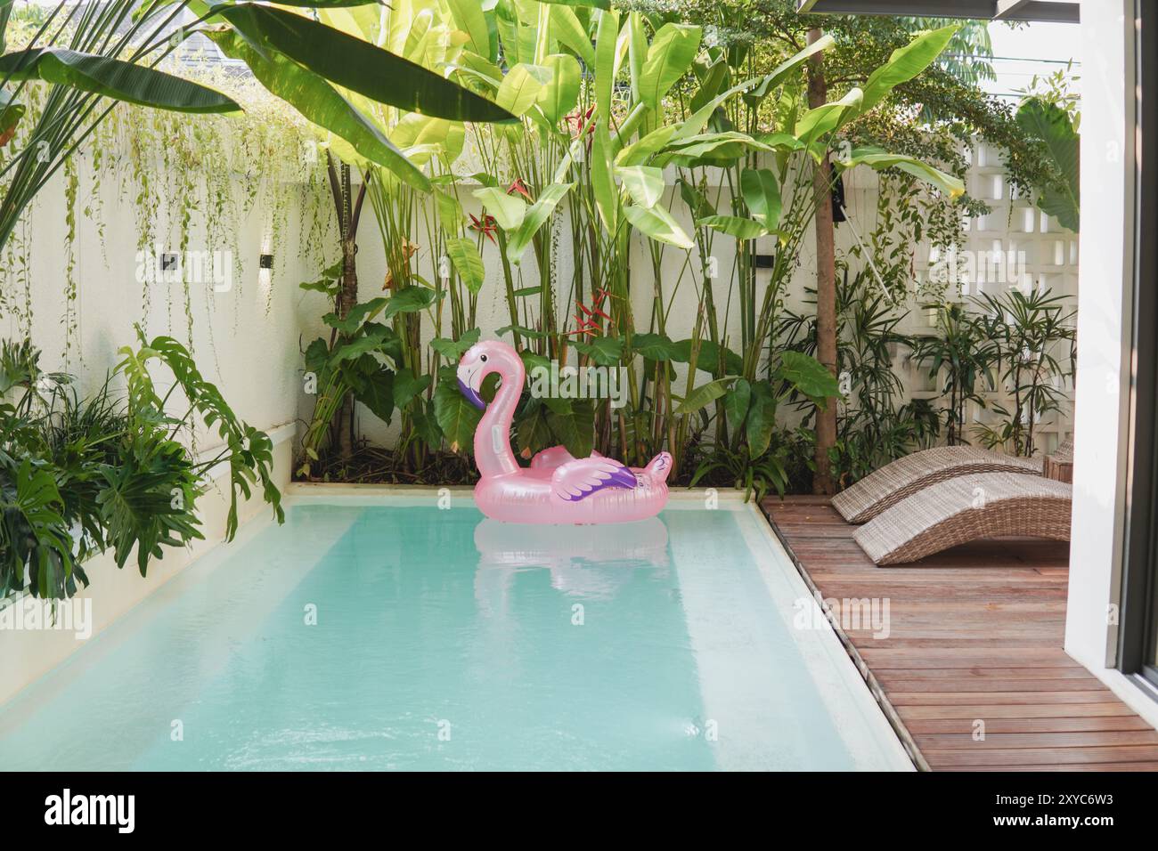 A pink inflatable flamingo floats in a pool. The pool is in a backyard ...