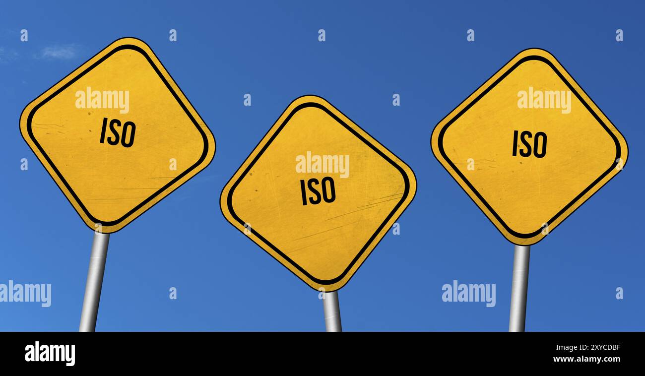 Iso, yellow signs with blue sky Stock Photo - Alamy