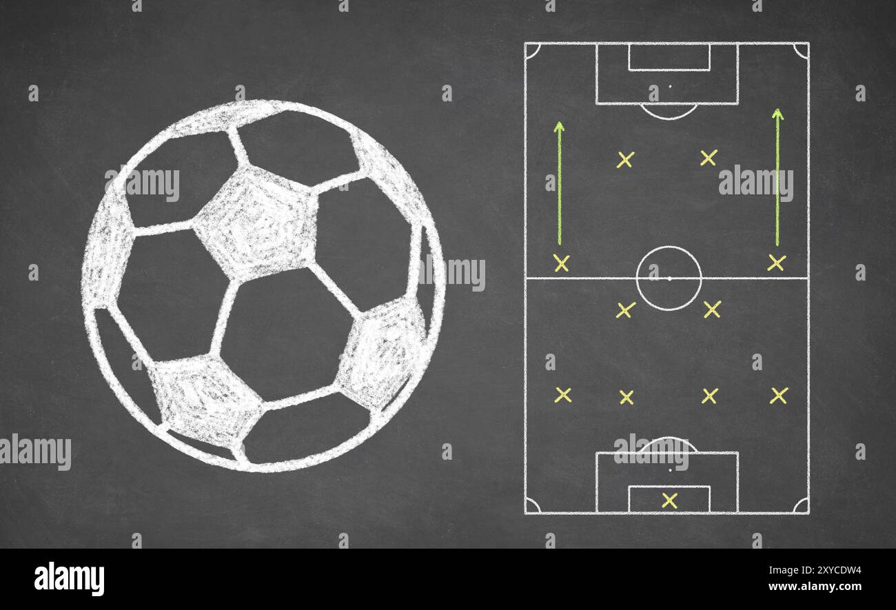Soccer ball and tactical scheme drawn on chalkboard. White chalk and ...