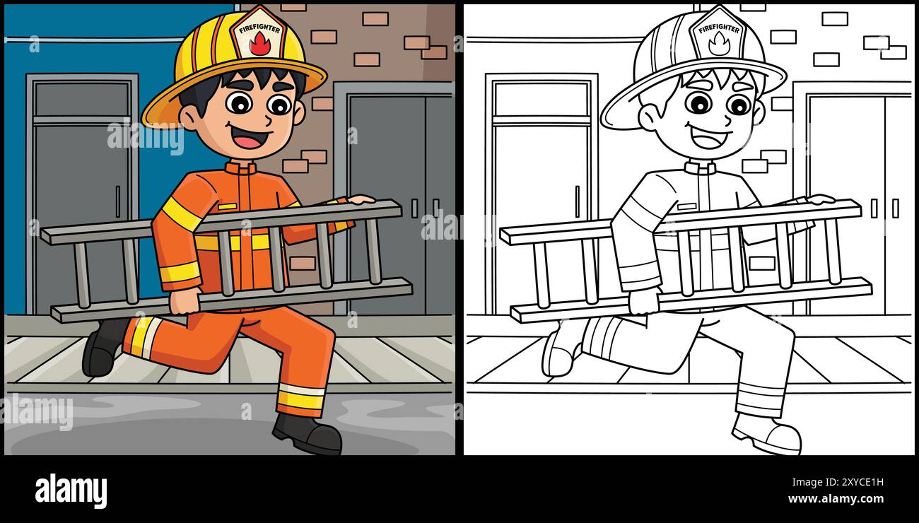 Firefighter Holding Ladder Coloring Illustration Stock Vector Image ...