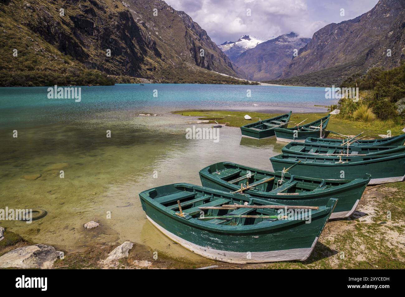 Huaraz, PERU in November 2015: Six green boats are waiting to be sailed ...