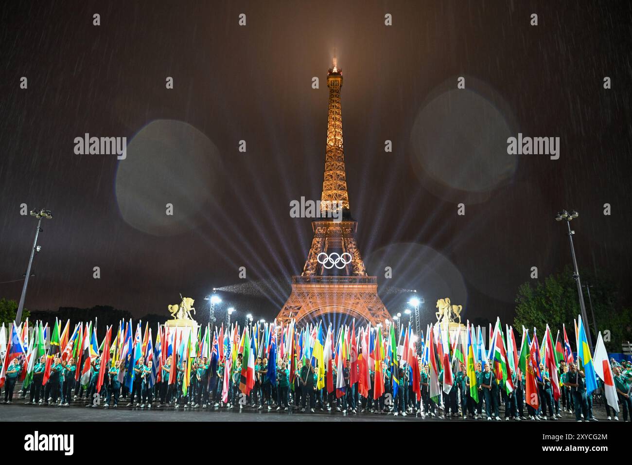 PARIS, FRANCE-26 July 2024: The flags of each country are raised on the ...