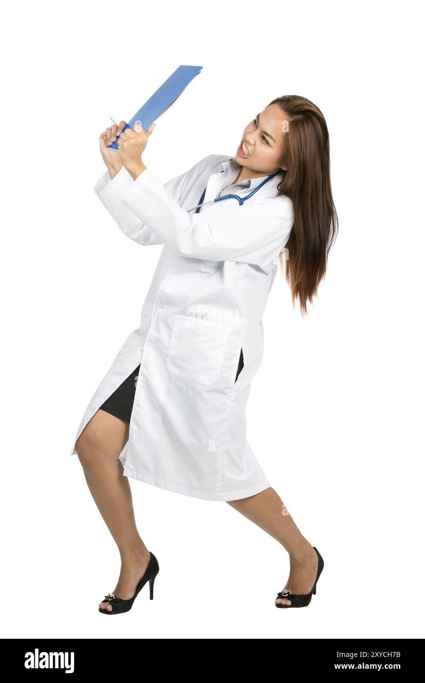 A cute Asian female physician fighting in defensive position under ...