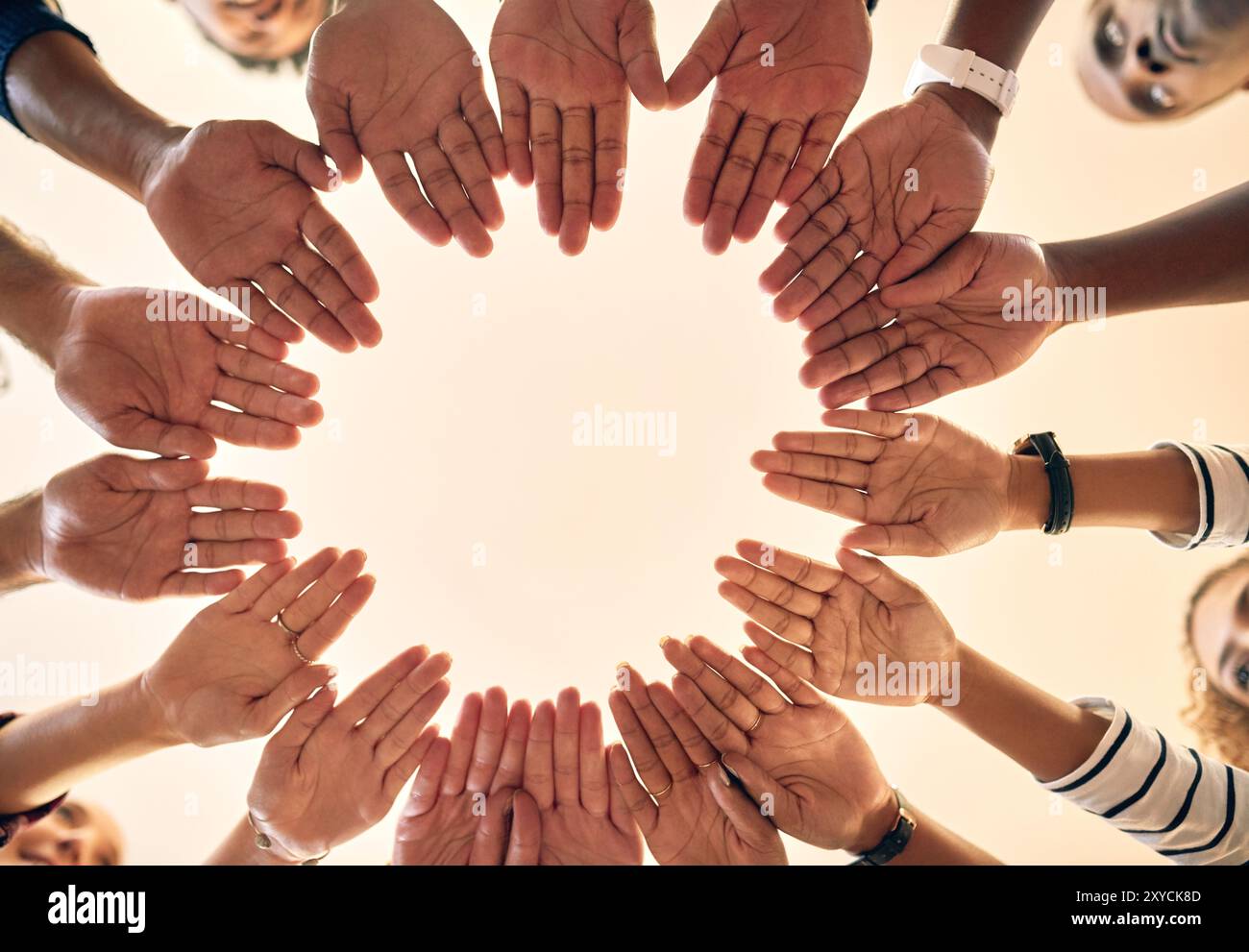 People, hands and circle fore teamwork or unity as employees for ...