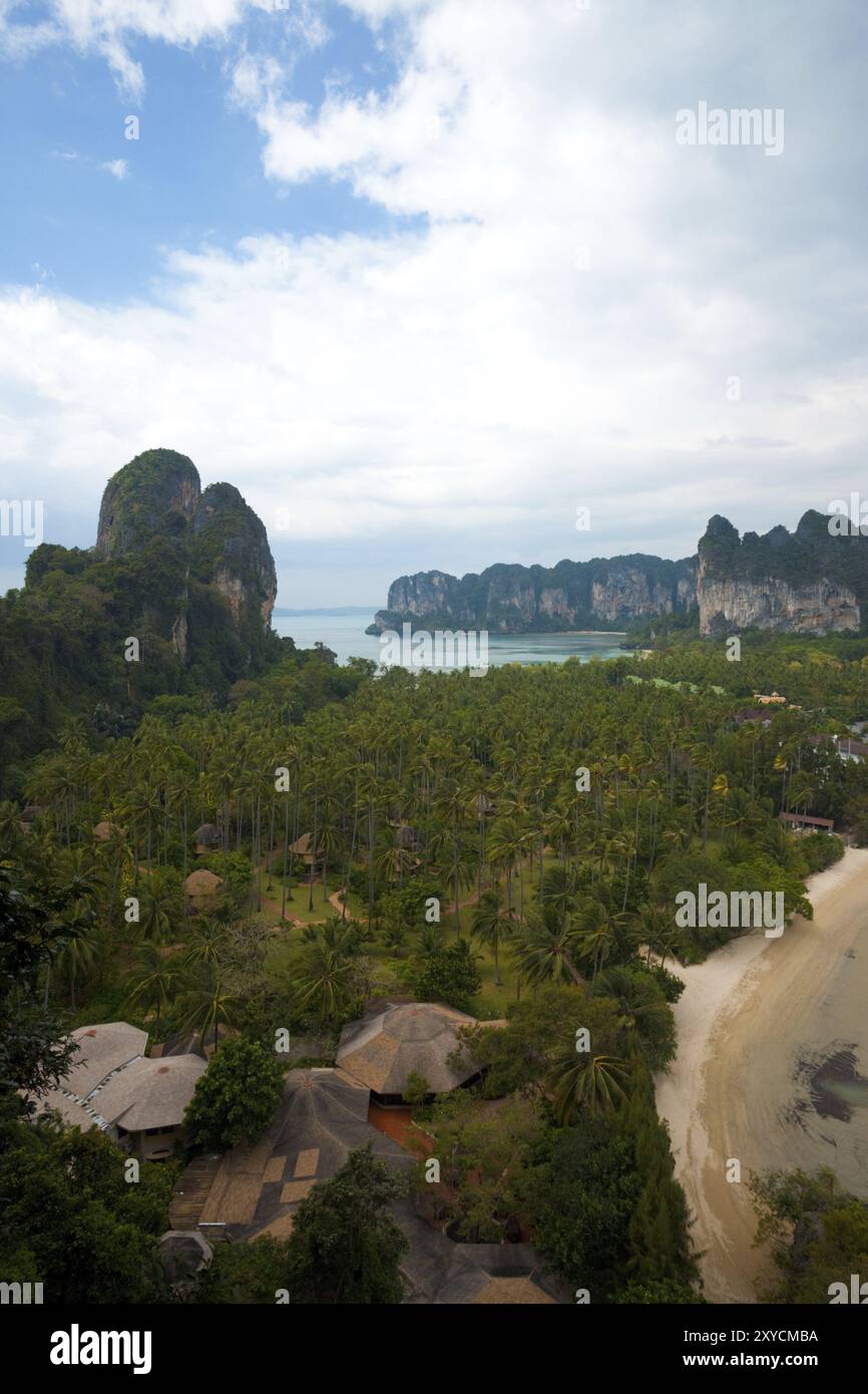 An aerial view from the viewpoint atop a karst mountain showing the ...