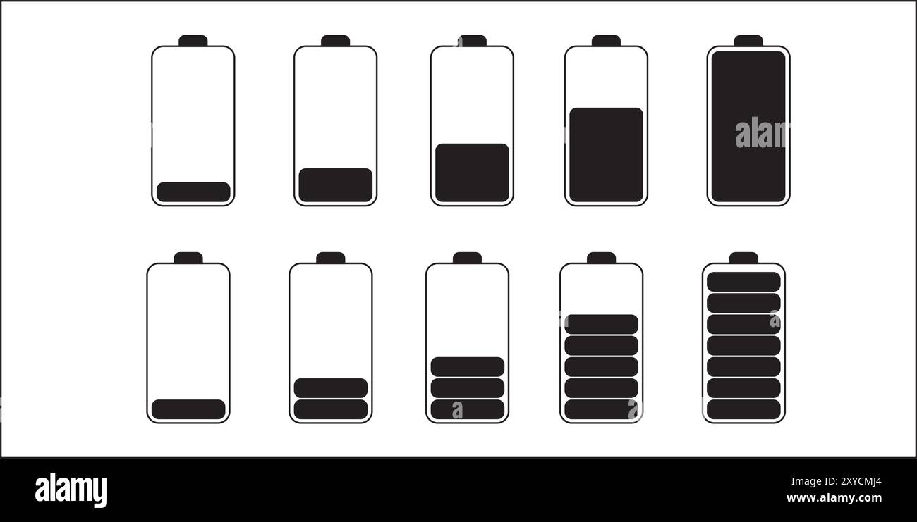 Set of vertical battery level indicators in percentage vector. Battery ...