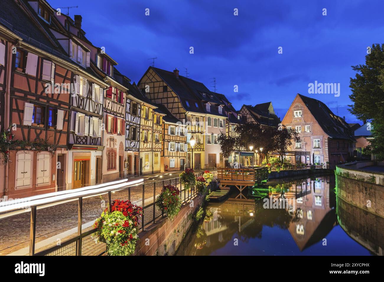 Colmar France, Colorful Half Timber House night city skyline Stock ...