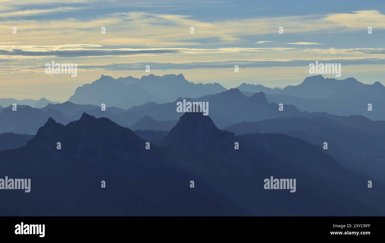 Outlines of mount Mythen and other mountains. Early morning in the ...