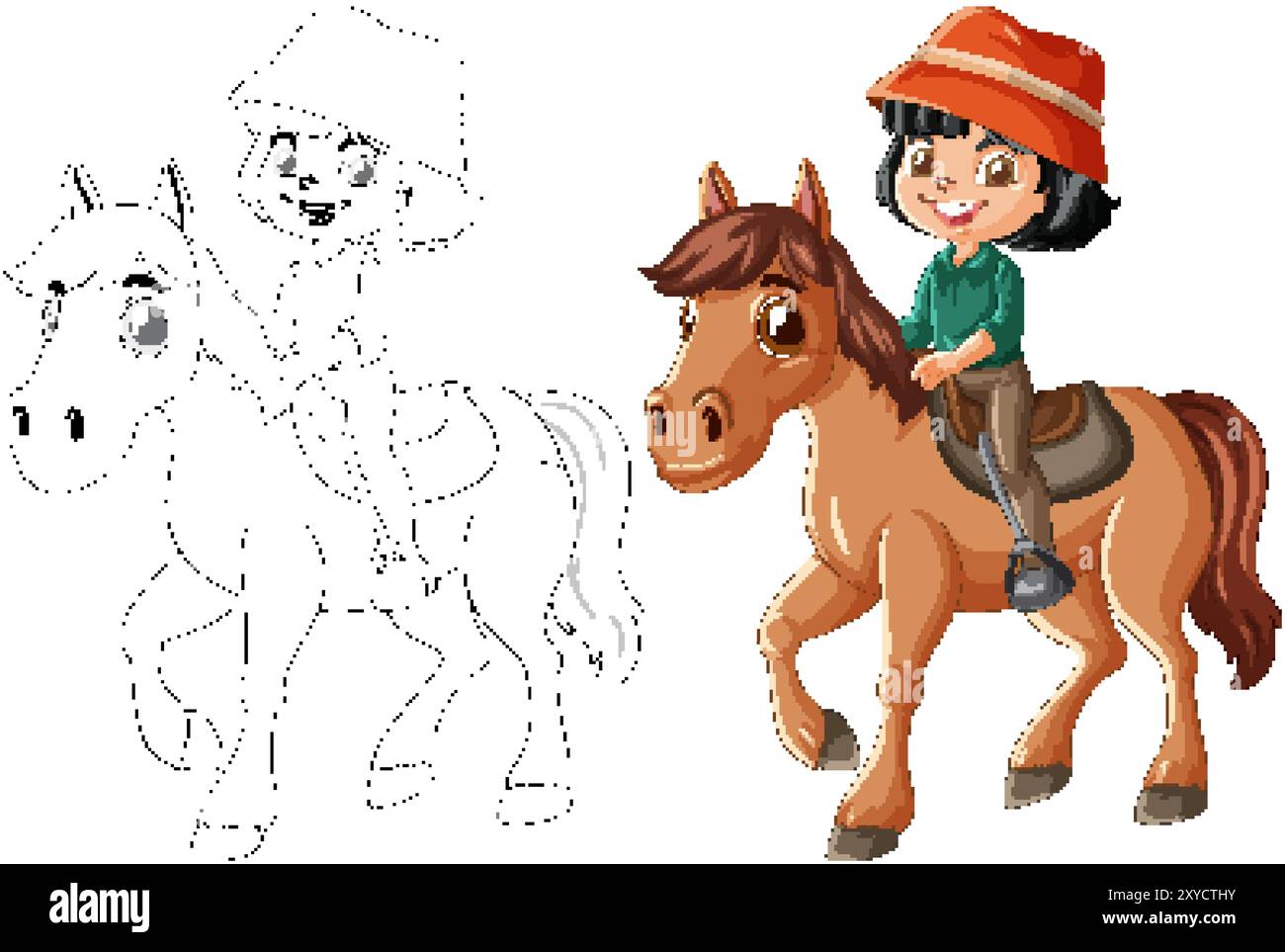 Kid happily riding a brown horse Stock Vector Image & Art - Alamy
