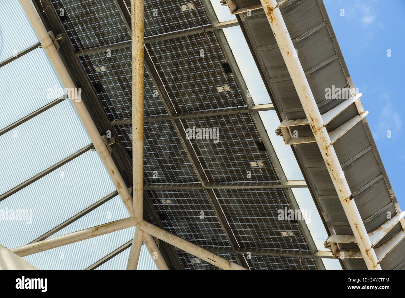 Solar panels from below on a festival site in Barcelona, Spain, Europe ...
