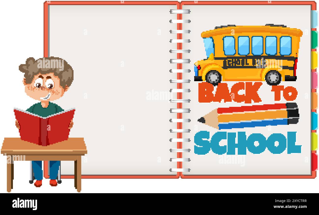 Child reading with school bus and notebook Stock Vector Image & Art - Alamy