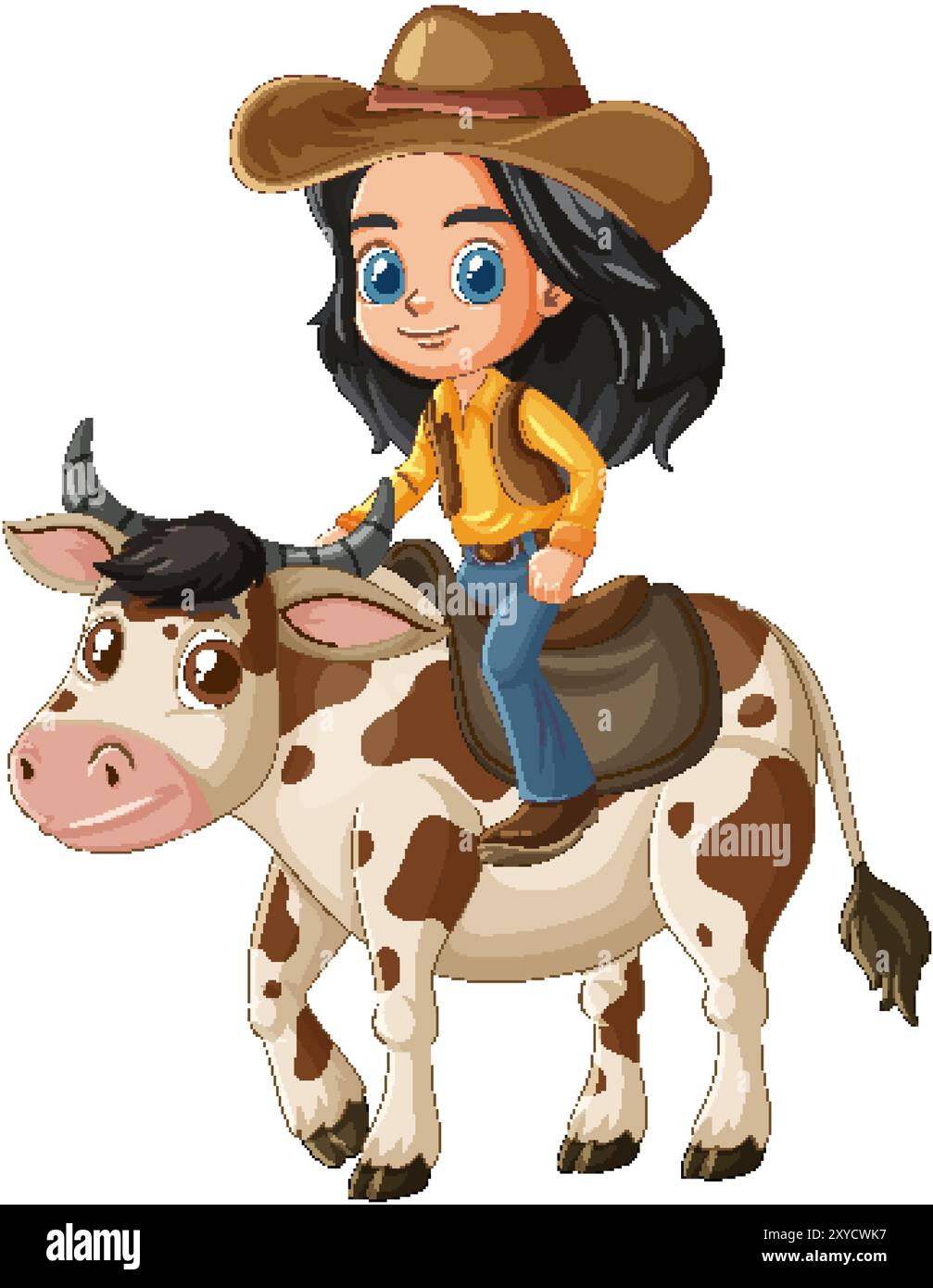 Young cowgirl happily riding a spotted cow Stock Vector Image & Art - Alamy