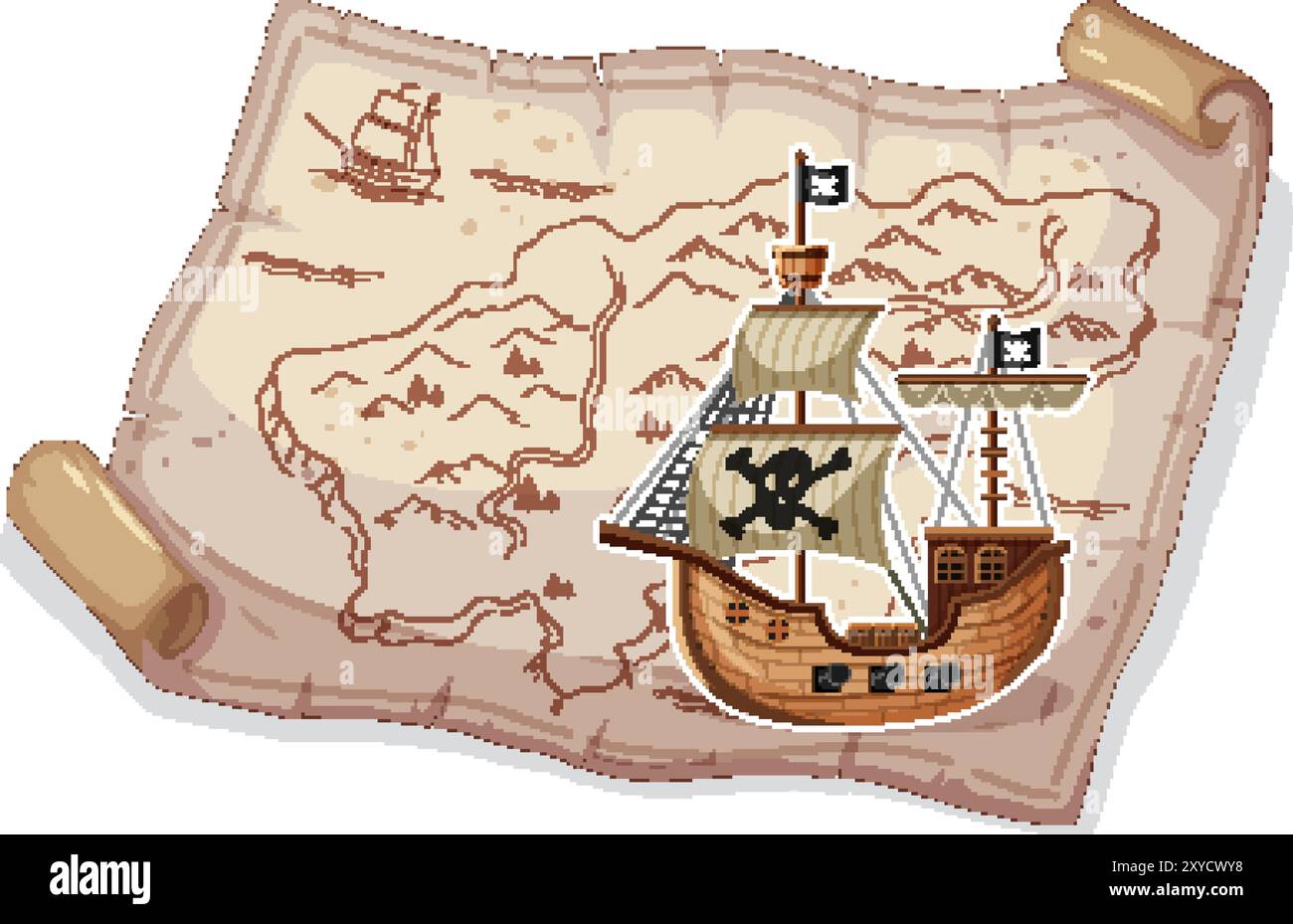 Pirate ship sailing on an ancient treasure map Stock Vector Image & Art ...