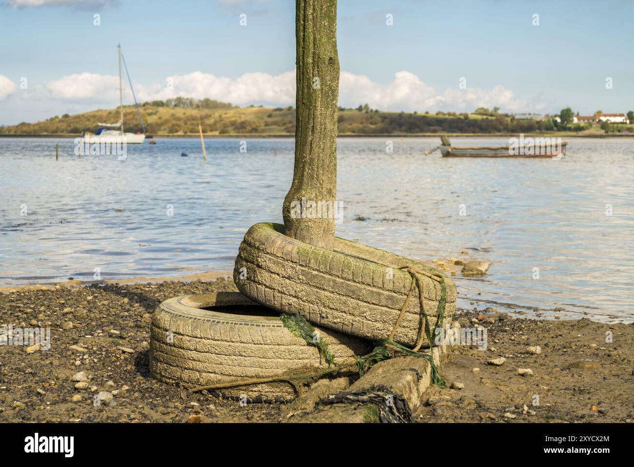 Old tire in front boats hi-res stock photography and images - Alamy