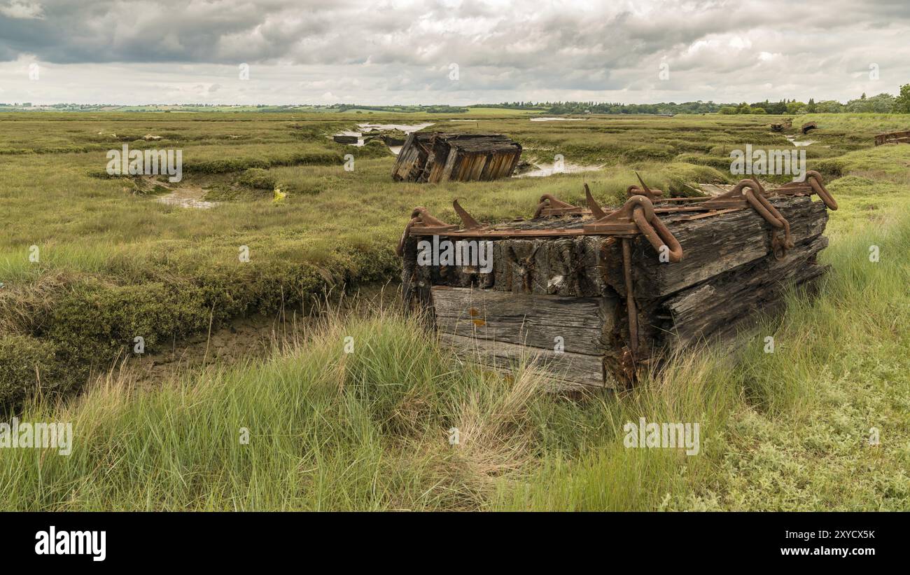 Old pontoons in the marshland near the River Crouch, Wallasea Island ...