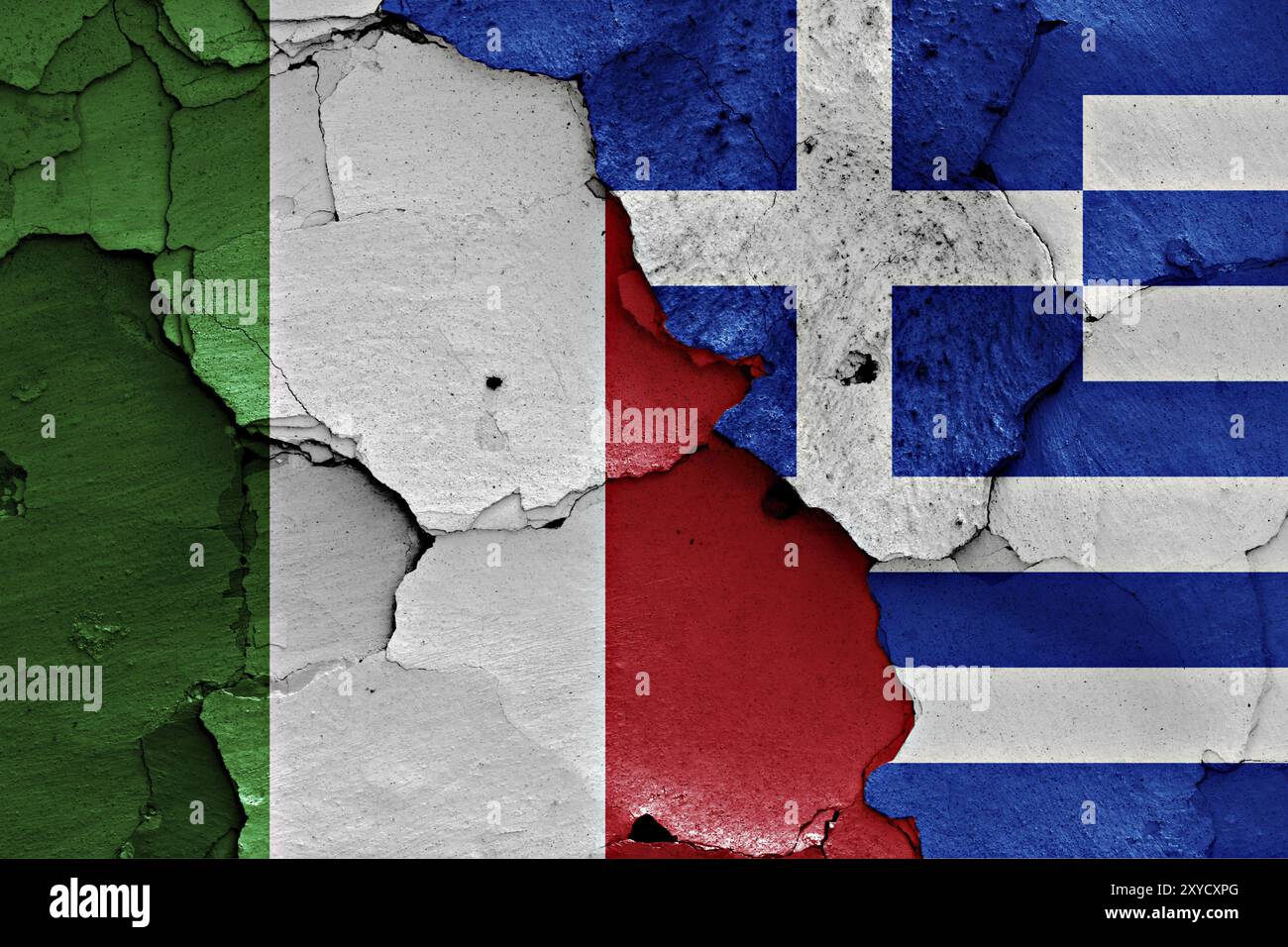 Flags of Italy and Greece painted on cracked wall Stock Photo - Alamy