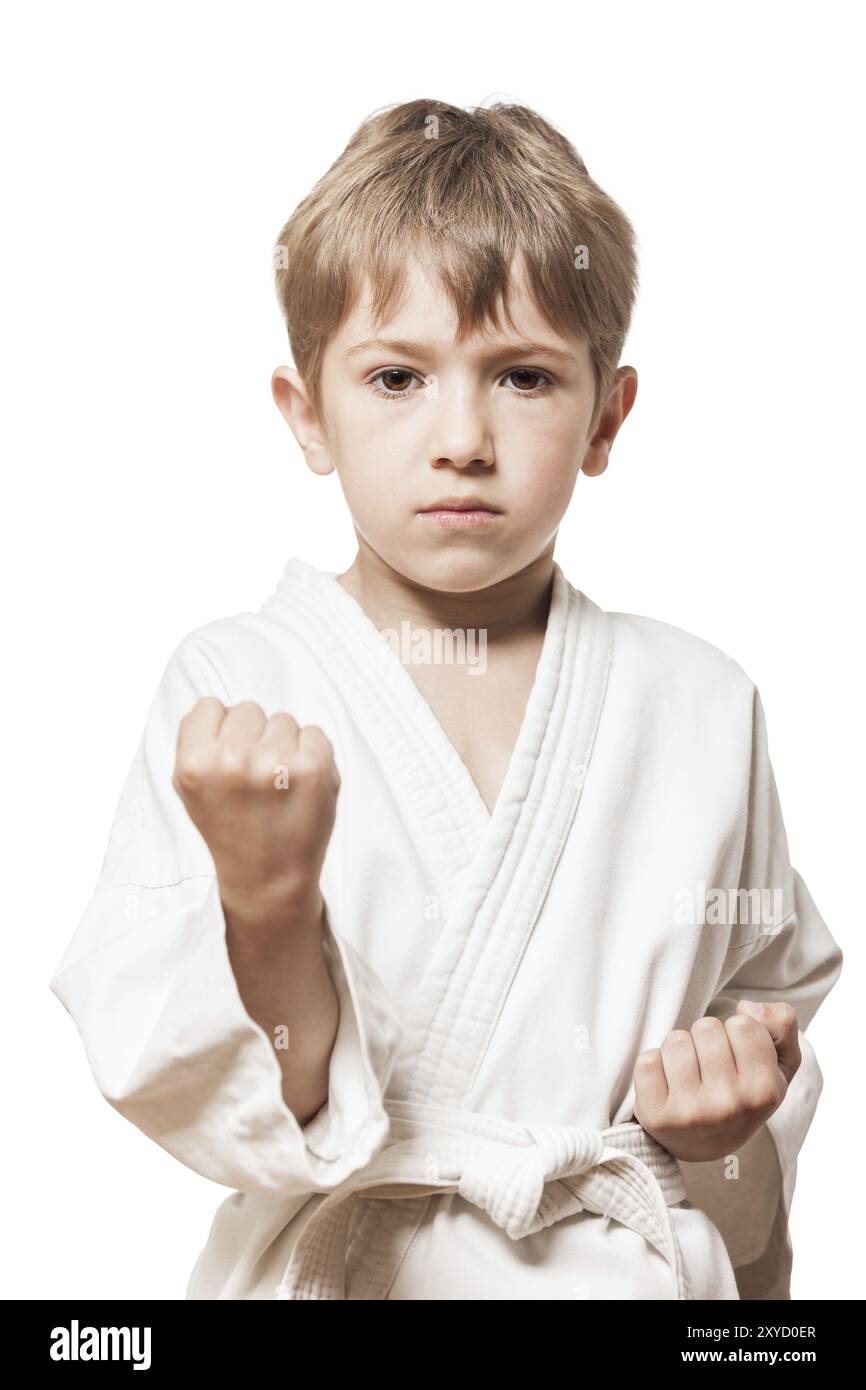 Martial art sport, child boy in white kimono training karate punch ...