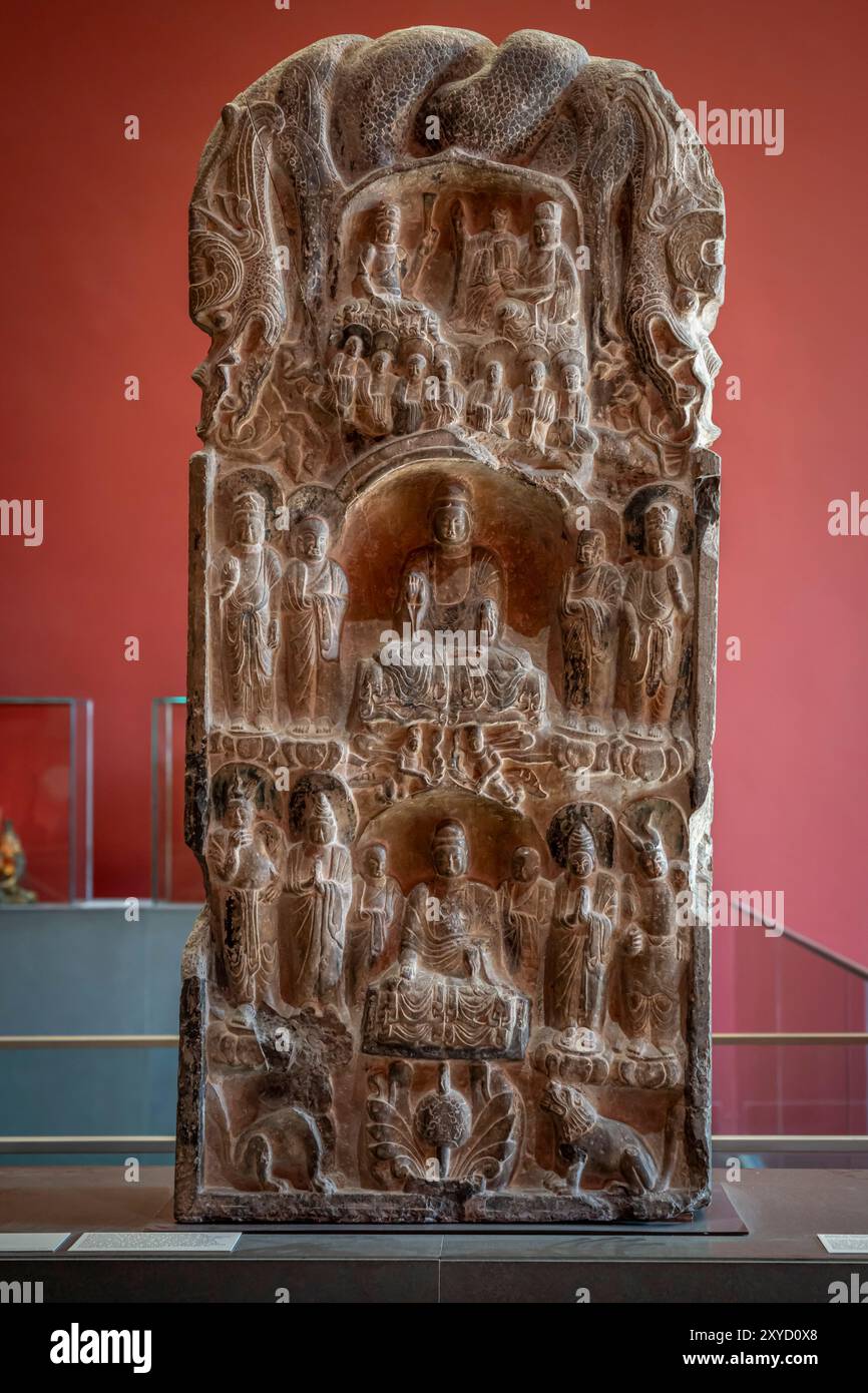 Paris, France - 07 20 2024: Cernuschi museum. Buddhist stele, stone ...