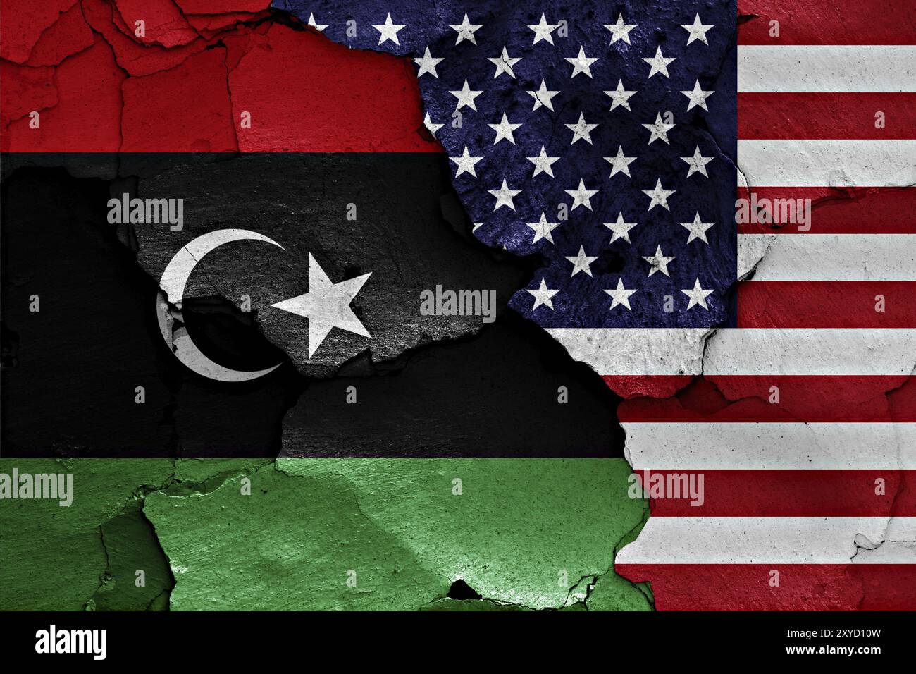 Flags of Libya and USA painted on cracked wall Stock Photo - Alamy