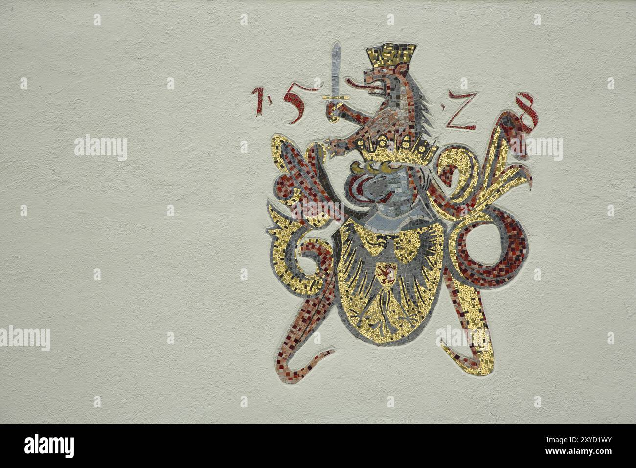 Town coat of arms with the year 1528, wall mosaic, heraldic animal ...