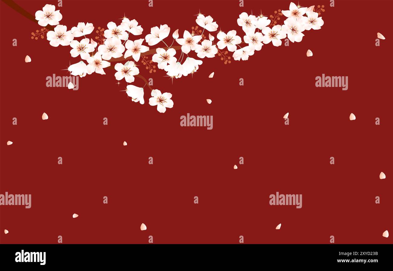 floral with cherry blossoms in full bloom on a red background Stock ...