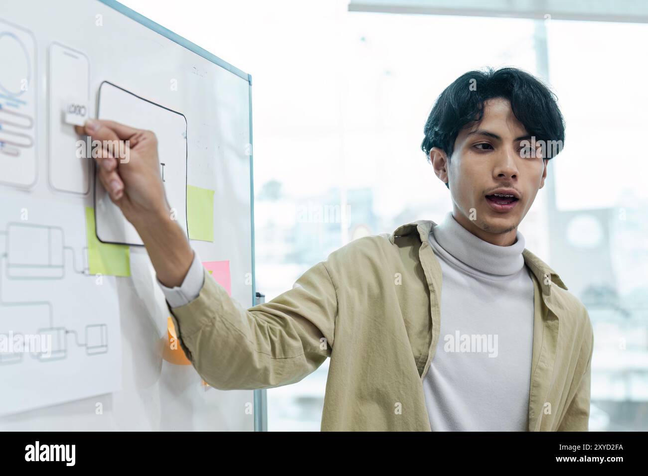 Young Professional Presenting UX UI Design Concepts on Whiteboard in ...