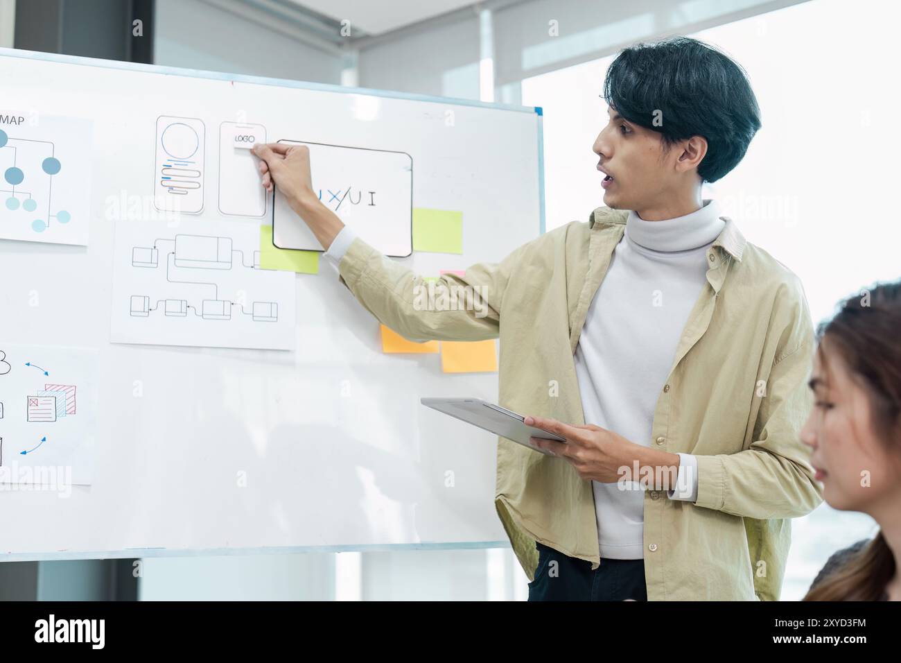 Young Professional Presenting UX UI Design Concepts on Whiteboard in ...