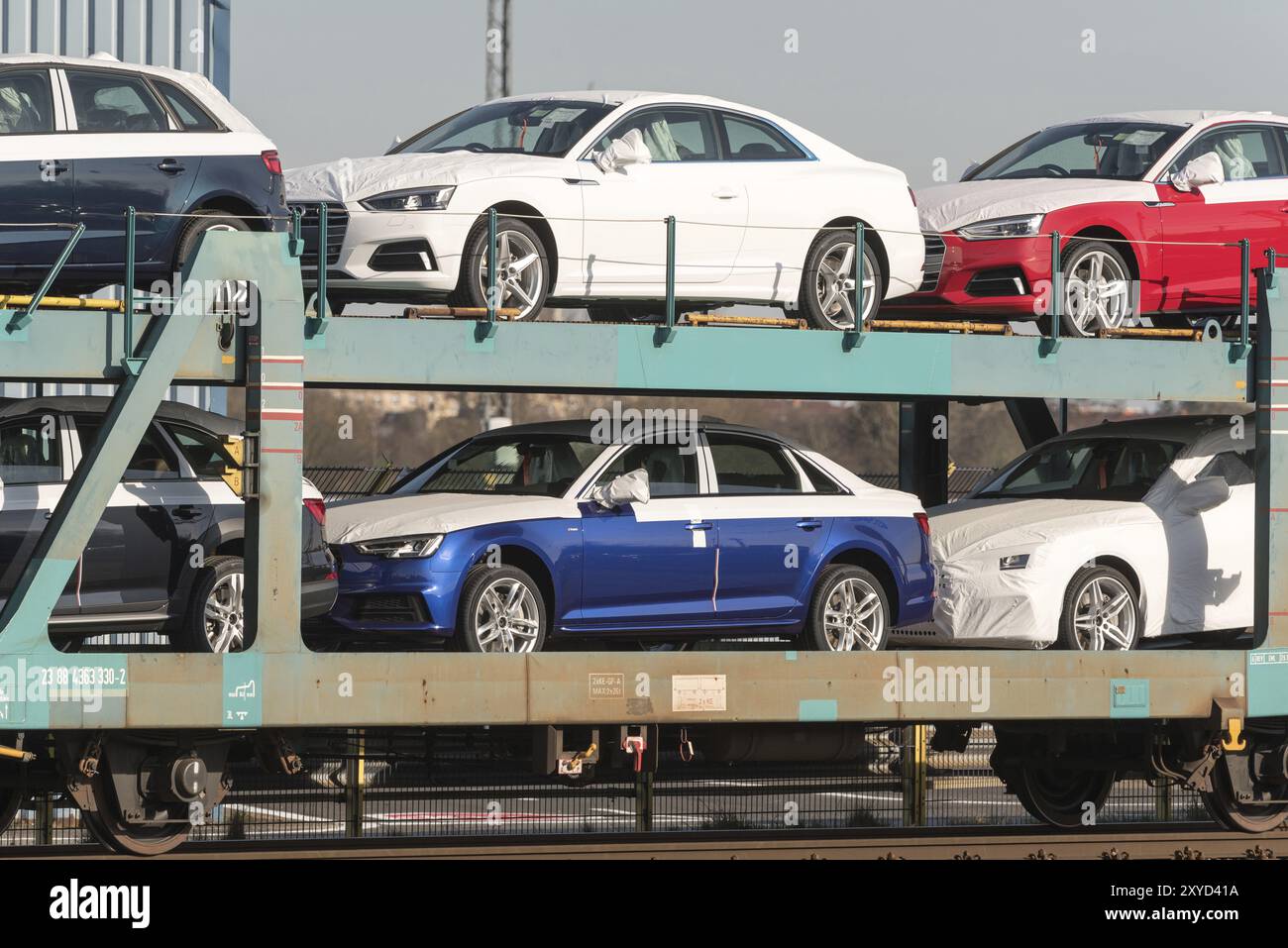 New cars on a train Stock Photo - Alamy