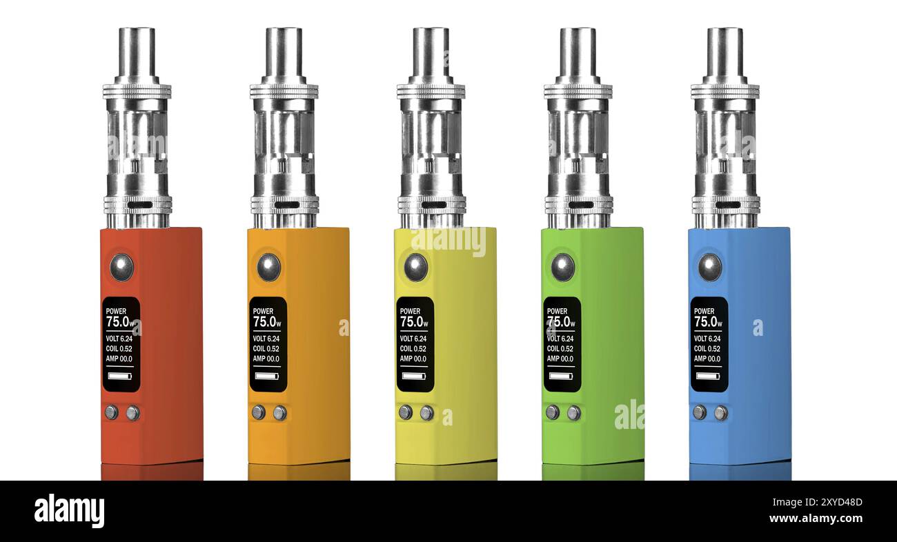 Five multicolored electronic cigarettes, isolated on white background ...