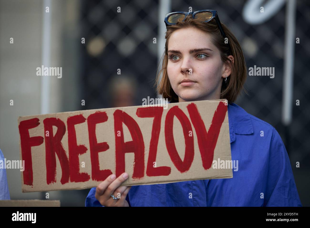Ukrainian activist demonstrating with a sign Free Azov. Kyiv - 11 ...