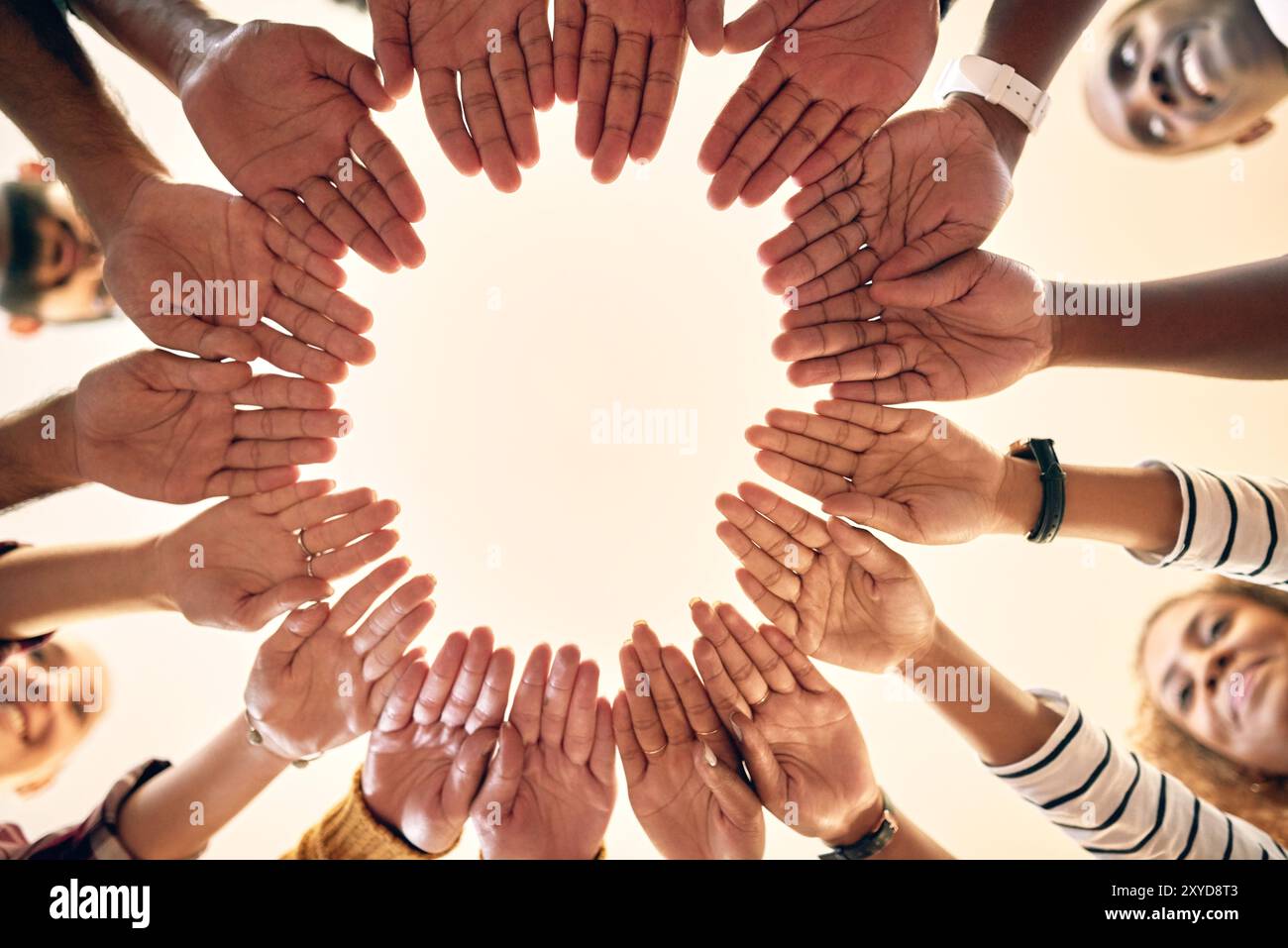 University students, hands and happy in circle for unity, collaboration ...