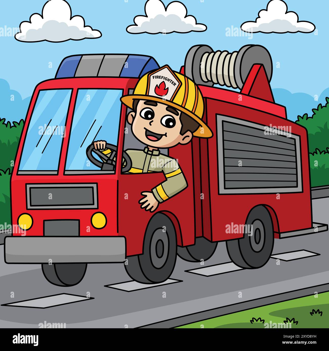 Firefighter Driving a Fire Truck Colored Cartoon Stock Vector Image ...