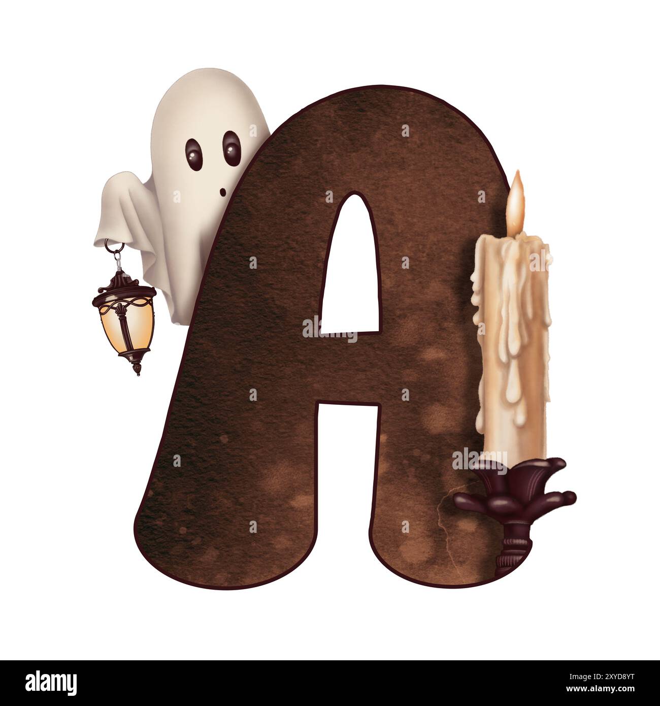 Letter A Halloween illustration with cute ghost and candle in cartoon ...