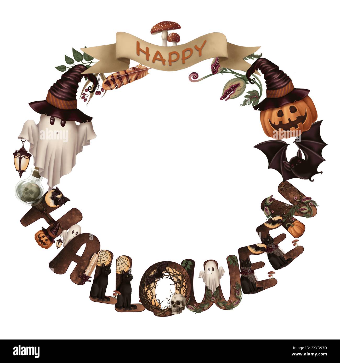 Happy Halloween round wreath with ghost and other scary characters in ...