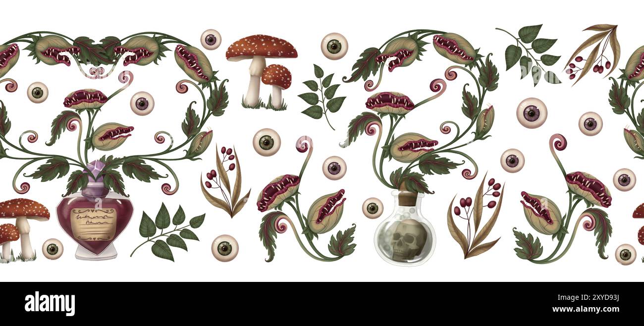 Seamless border with Halloween potion and carnivorous plant in cartoon ...