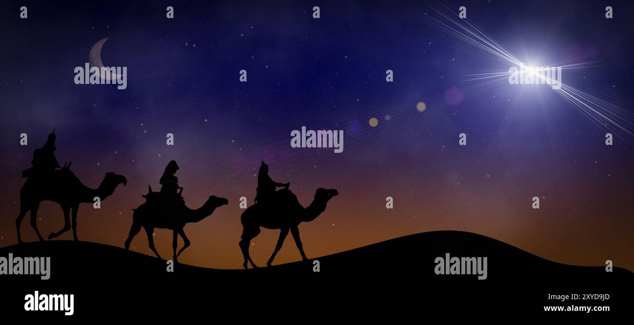 Nativity scene with the Magi in the desert, the star and the birth of ...