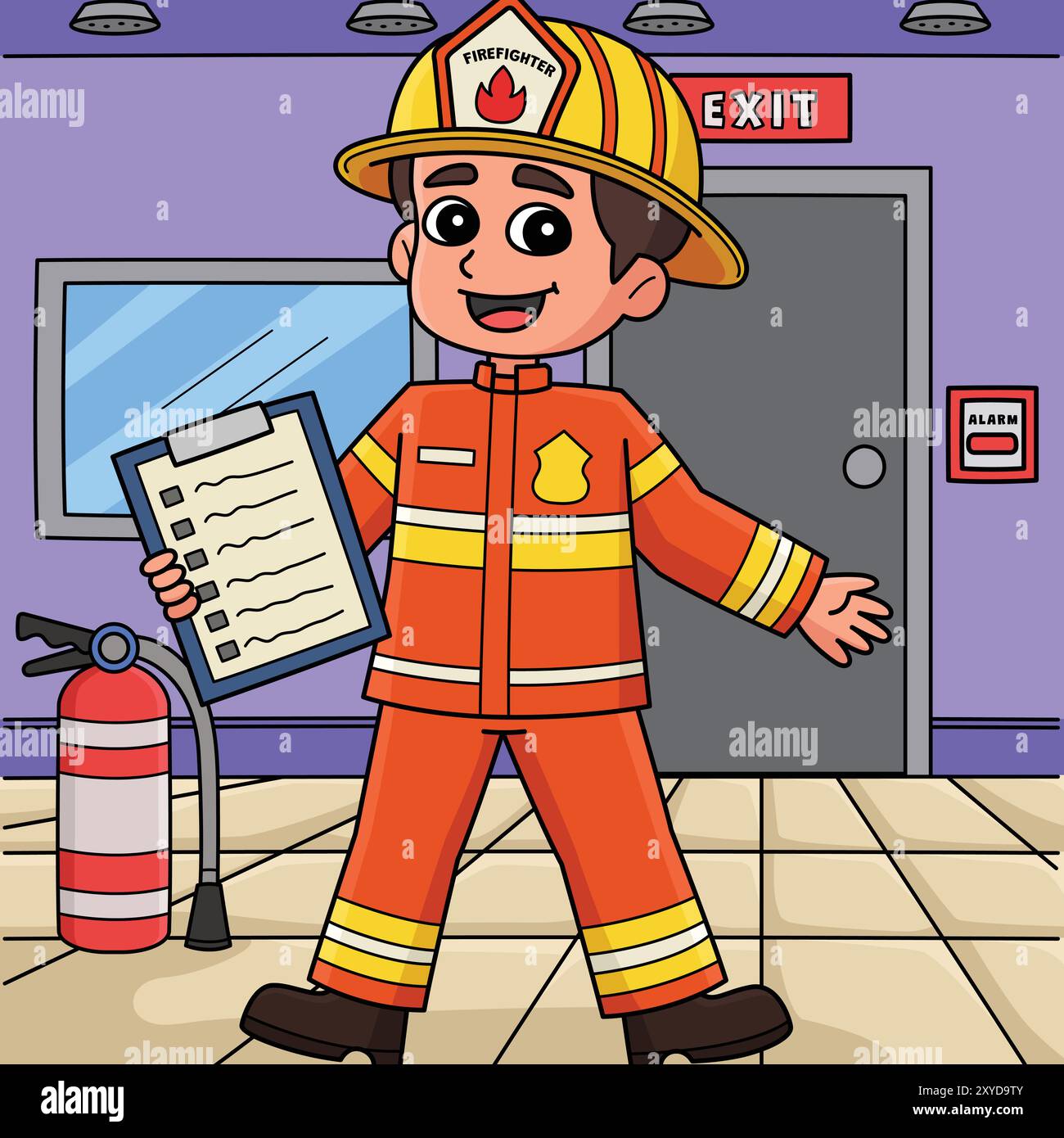 Firefighter with a Fire Safety Checklist Colored Stock Vector Image ...
