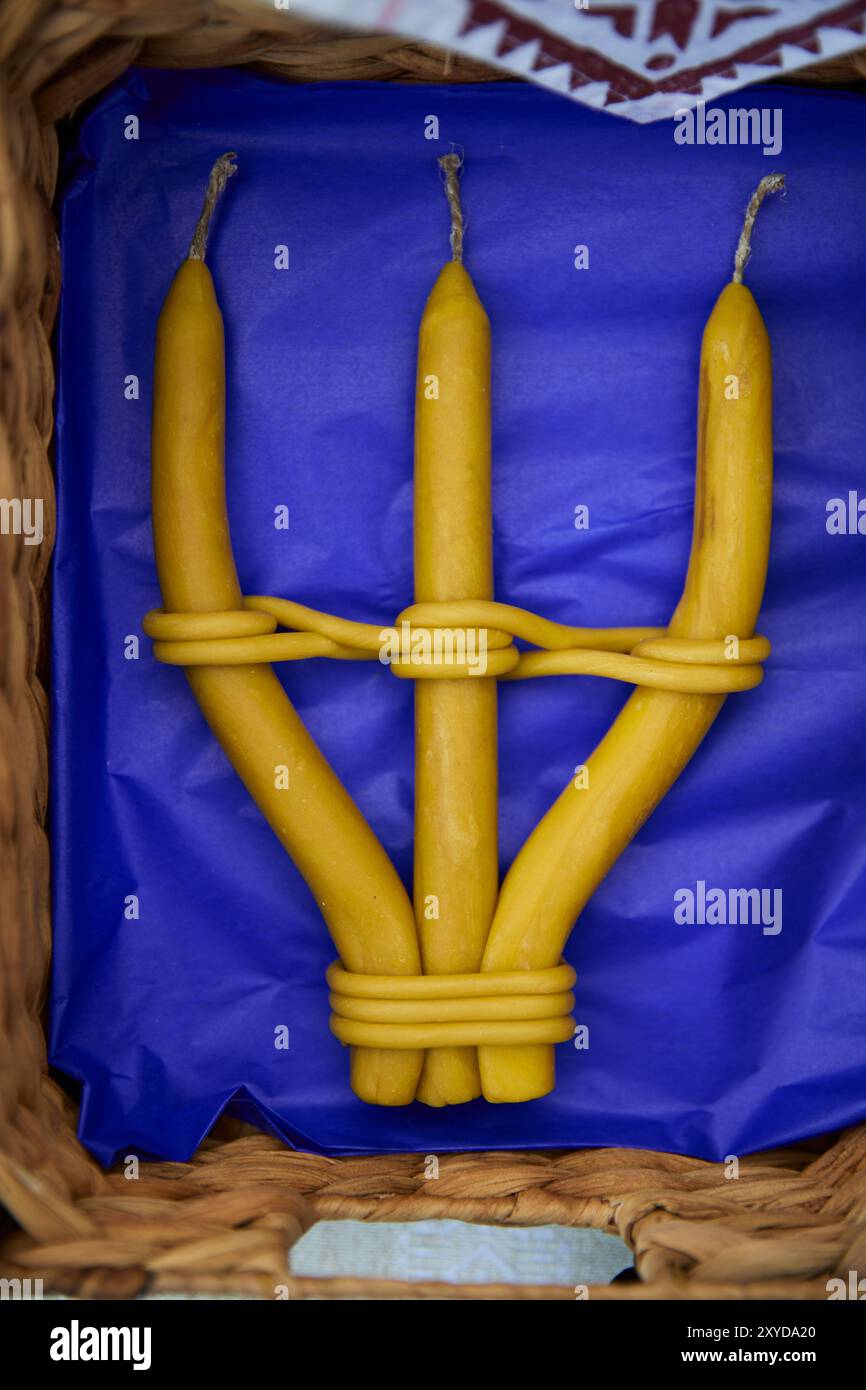 Ukrainian candle in shape of trident, national symbol. Handmade ...