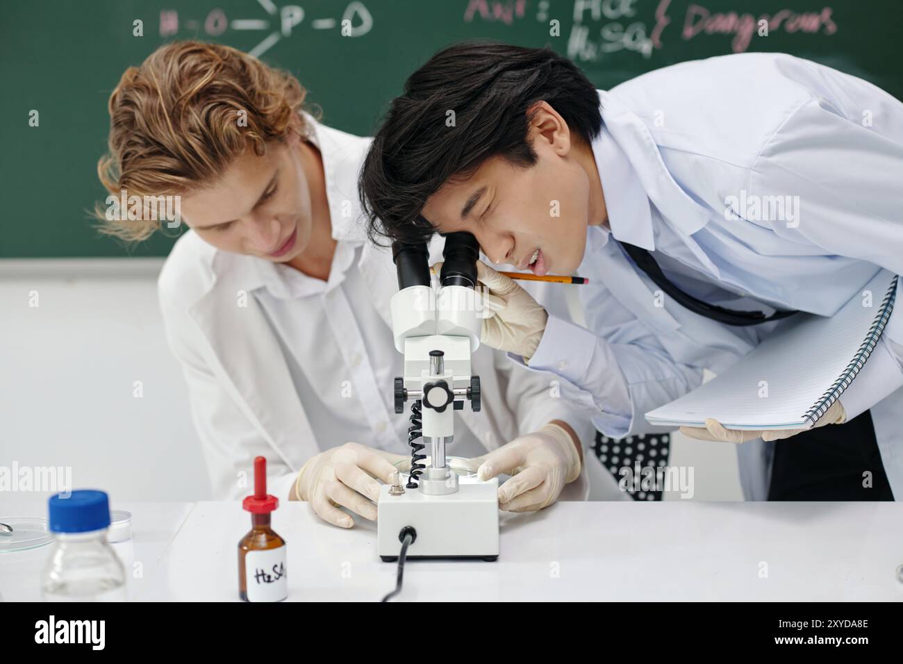 Investigating Samples Using Lab Microscope in Chemistry Class Stock ...