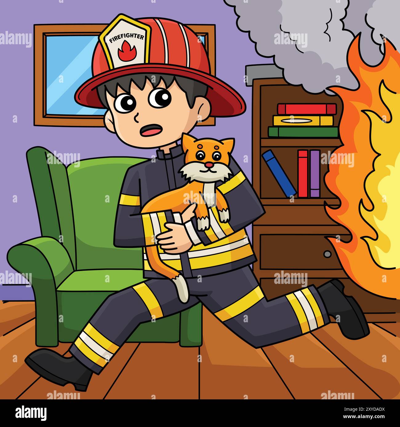 Firefighter Running Away with Cat Colored Cartoon Stock Vector Image ...