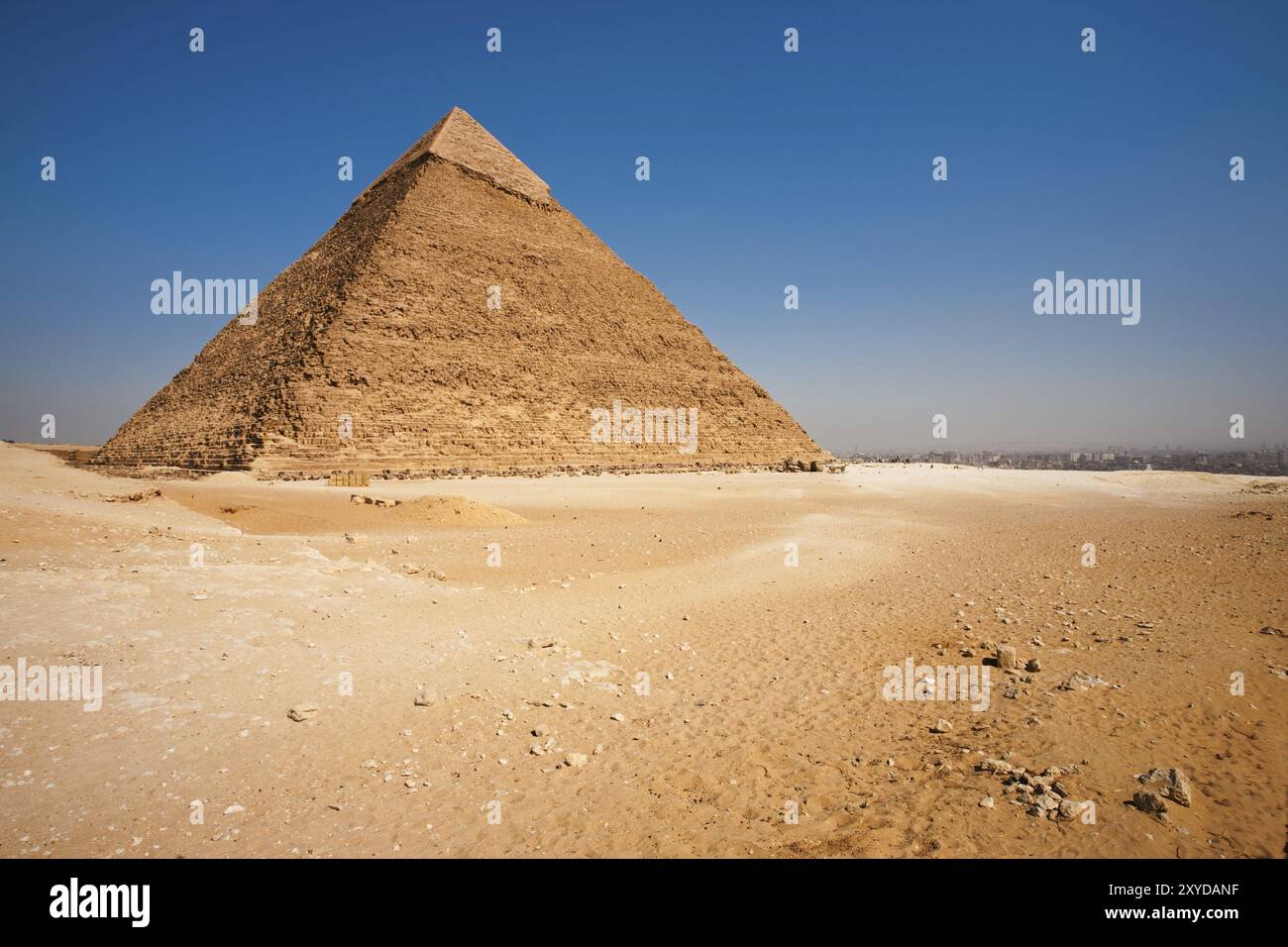 A barren desert and the rear of the Pyramid of Khafre looking onto a ...
