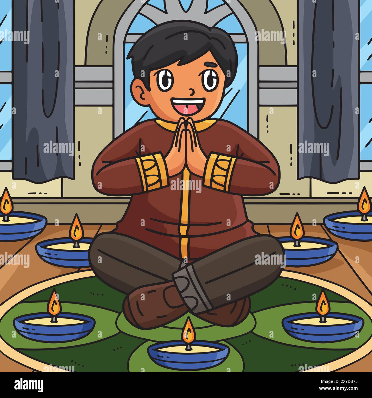 Diwali Child Praying Colored Cartoon Illustration Stock Vector Image ...