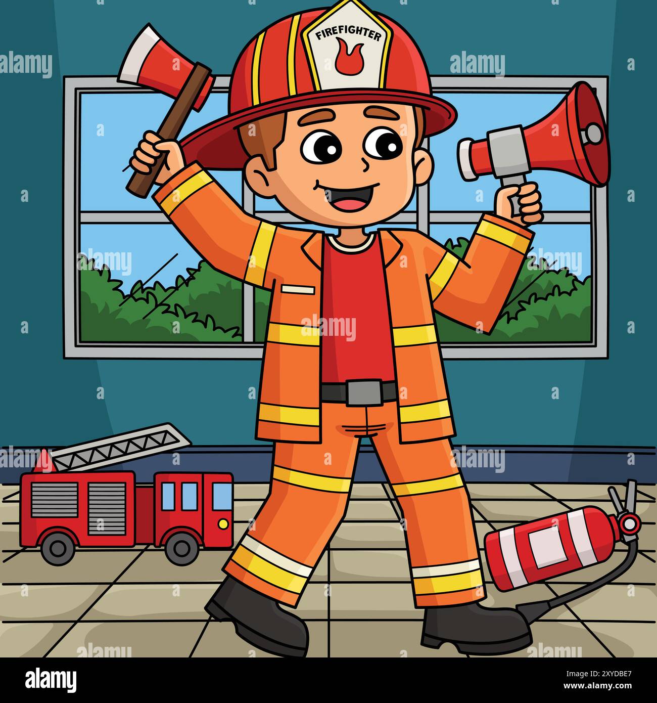 Firefighter Boy Colored Cartoon Illustration Stock Vector Image & Art ...